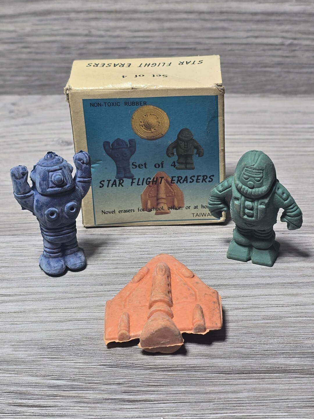 1960s Vintage Set of (3) Star Flight Robot UFO Rubber Erasers With Box ...