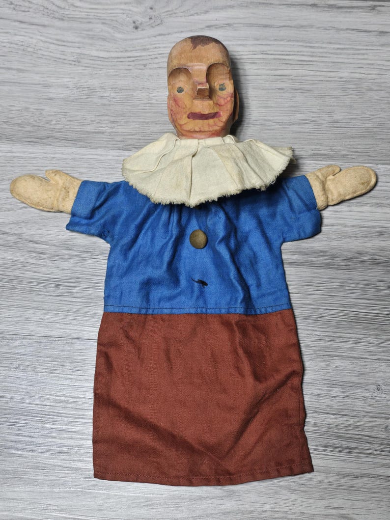 Antique Hand Carved Wood Head Felt Hands German Jester Hand Puppet ...