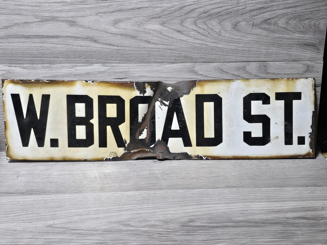 Vintage Damaged Porcelain W. BROAD ST. Sign Porcelain Enamel on Metal ...