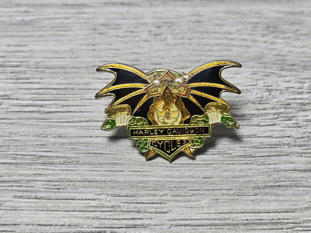 1980s Harley Davidson Motorcycle Enameled Bat and Snake Pinback Button ...