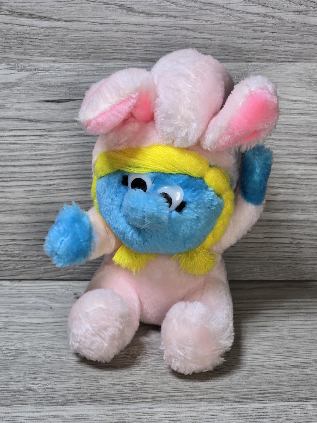 1983 Wallace Berrie 8” Smurf Smurfette Pink Easter Bunny Costume Plush ...