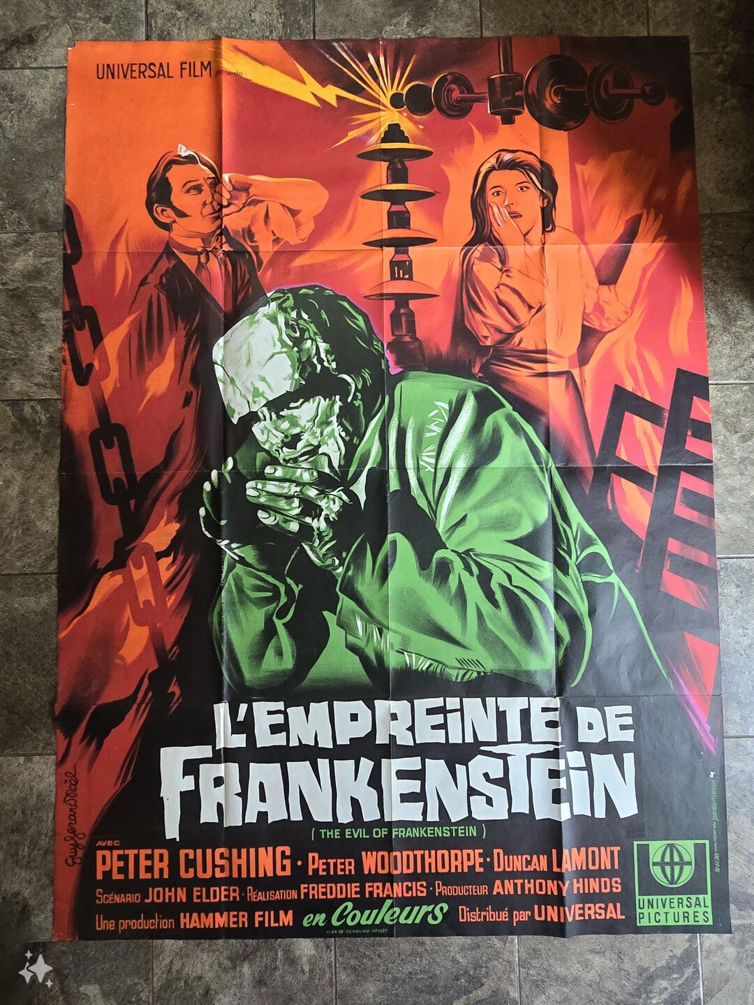 1964 Original Evil of Frankenstein Peter Cushing 63"x47" French Horror ...