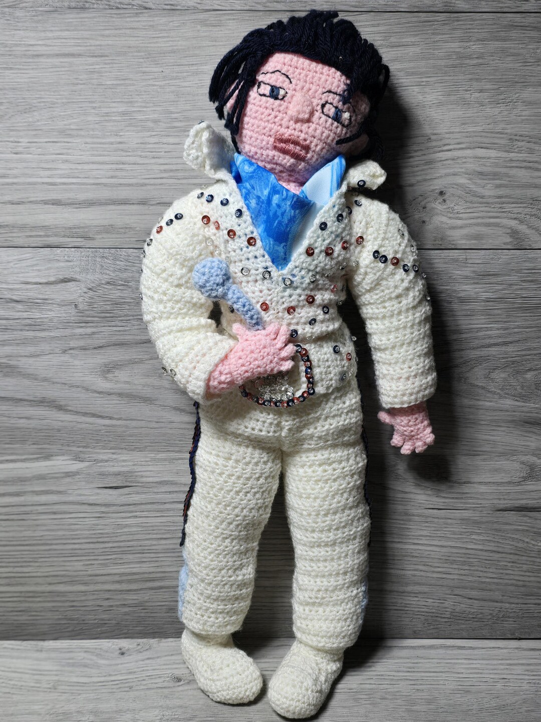 Vintage Crochet Elvis Presley 18" Doll Handmade White Beaded Jumpsuit ...
