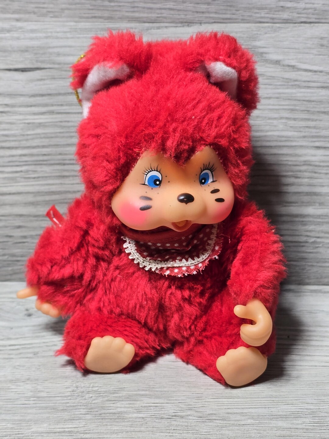 1970s Fun World Monchichi Style Red Thumb Sucking Plush Toy Cat Rubber ...