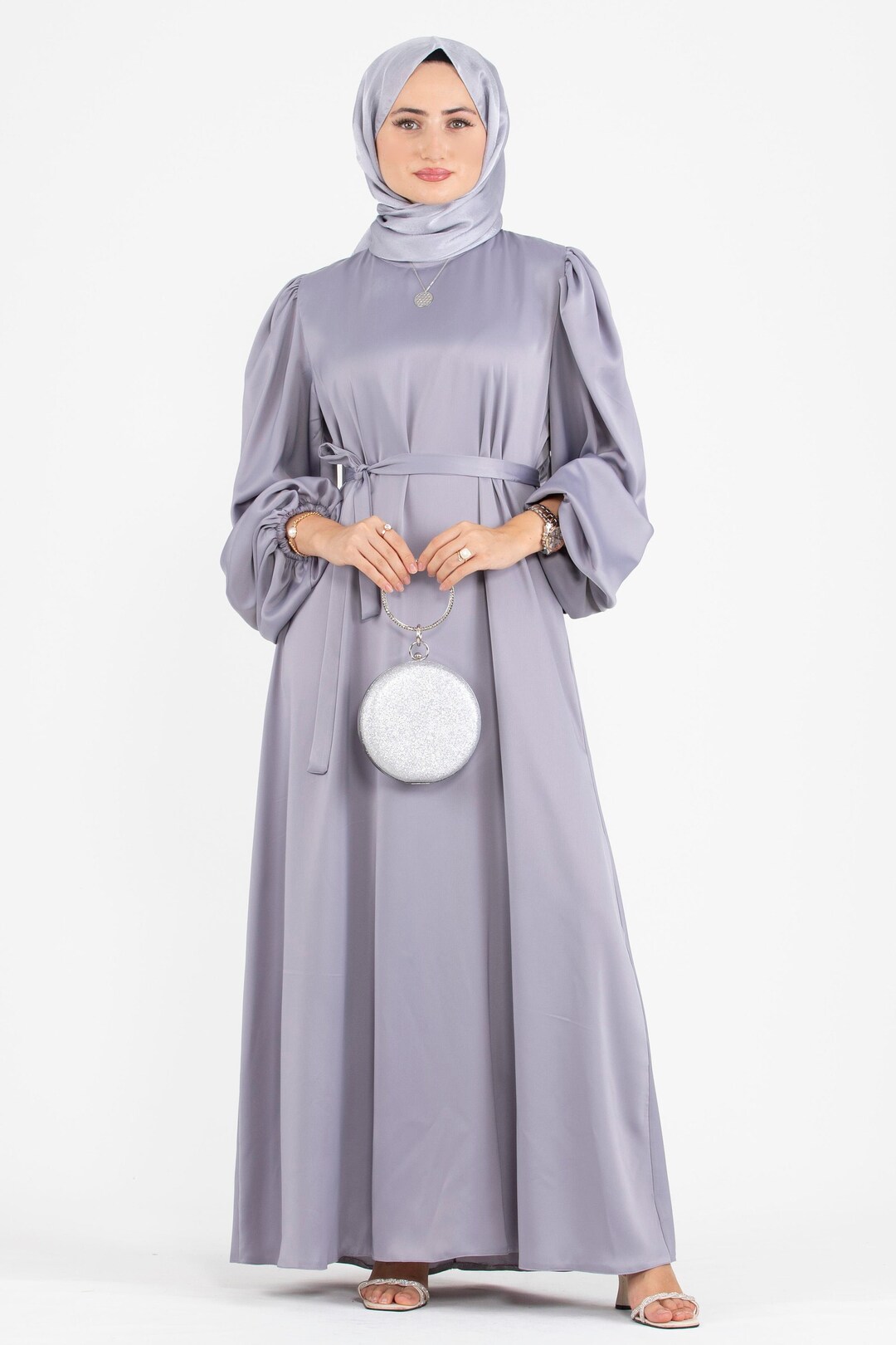 Balloon Sleeve Satin Evening Dress-gray - Etsy