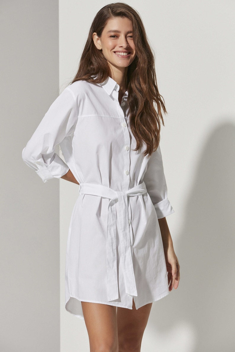 Cotton Shirt Dress Poplin, Long White Shirt Dress, Buttoned Midi Dress ...