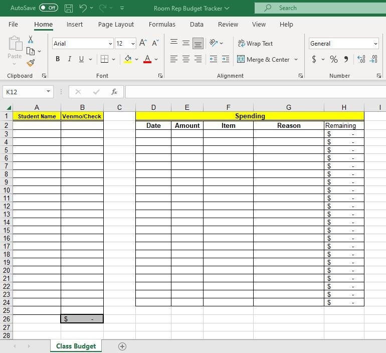 Room Rep Class Budget Tracker - Etsy