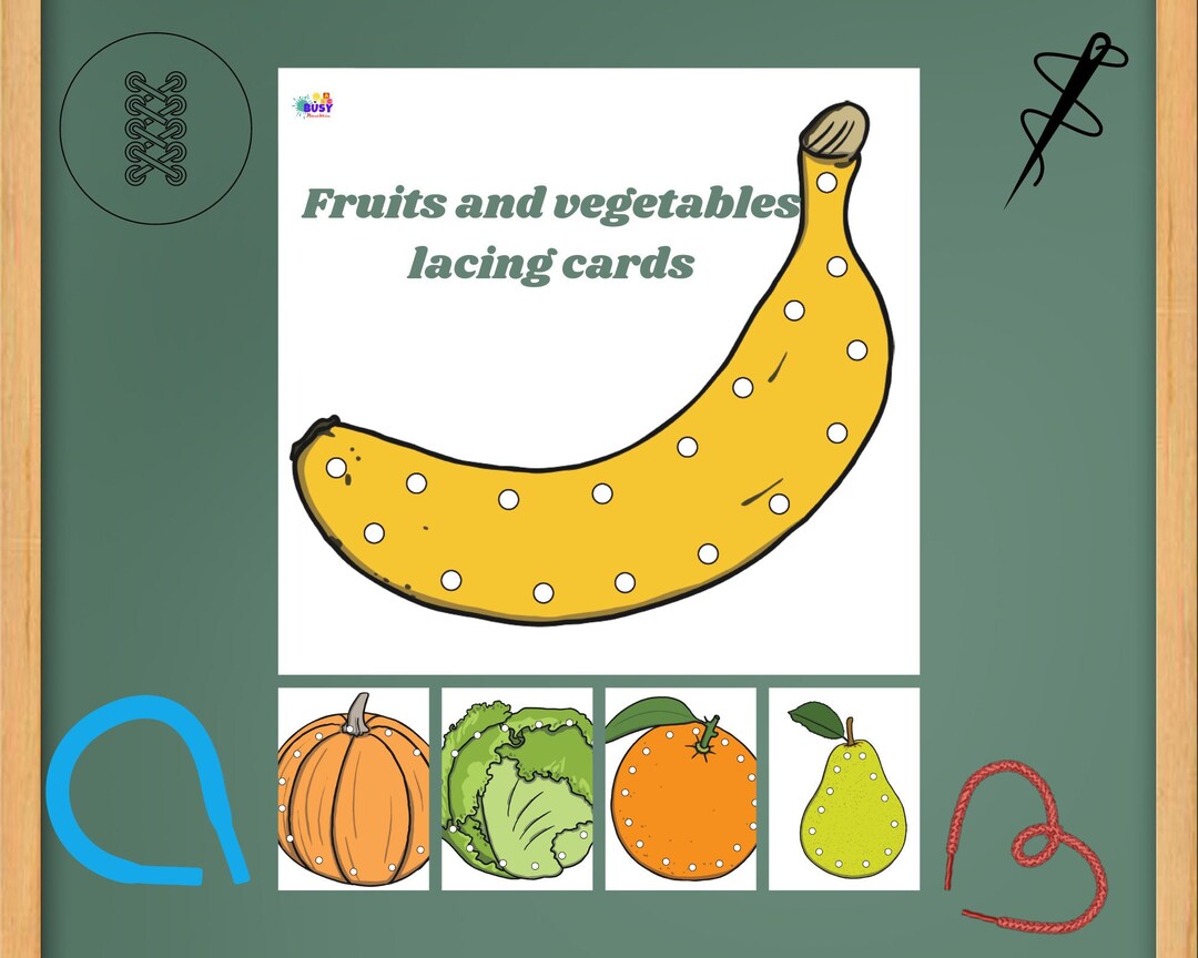 Fruits and Vegetables Lacing Card Set, Large Format, Preschool Fine Motor Activity, Instant ...