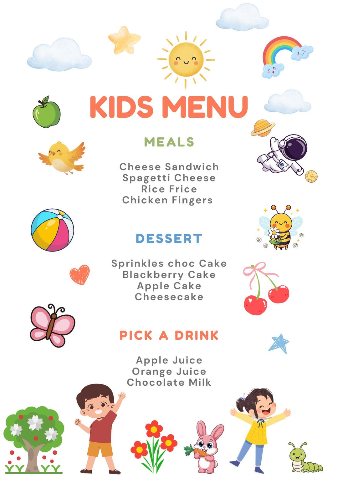 Kids Menu |printable | Digital | Customisable | Rainbow | Daycare ...