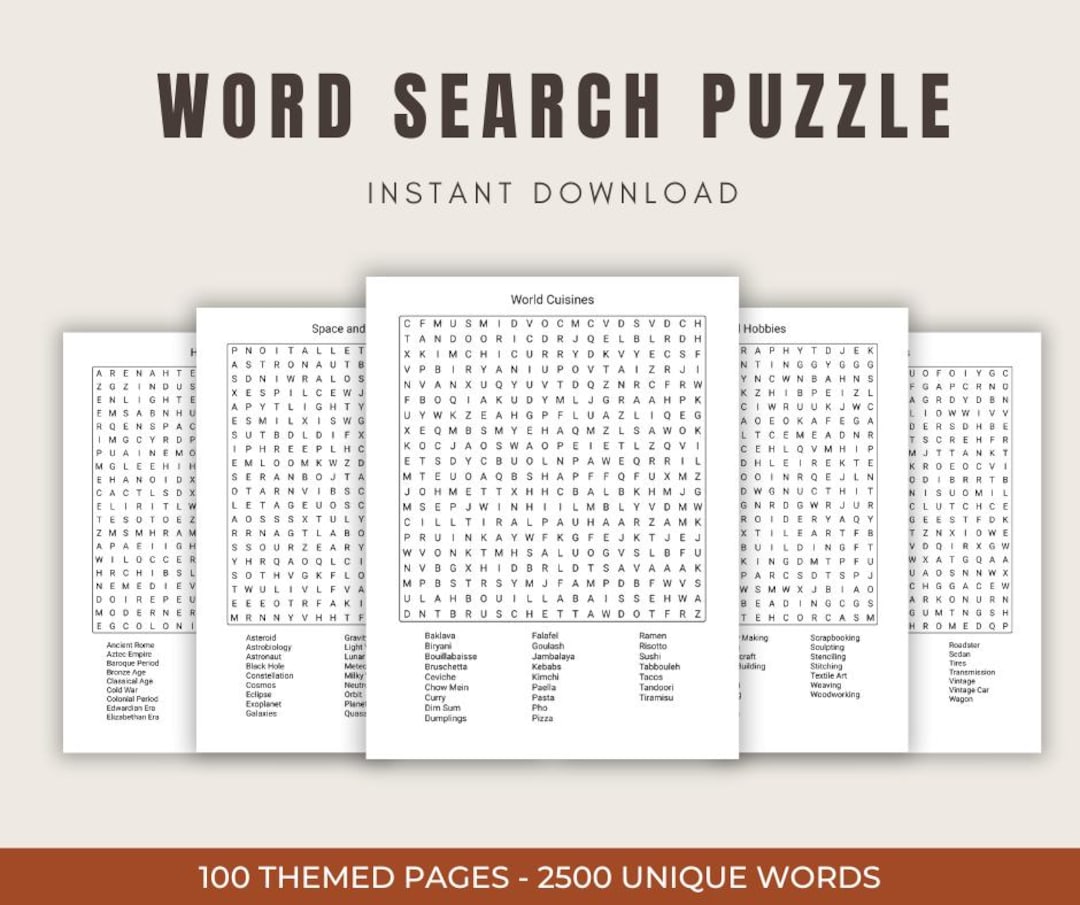 Themed Word Search Puzzle, 2500 Unique Word Search, Printable Puzzle ...