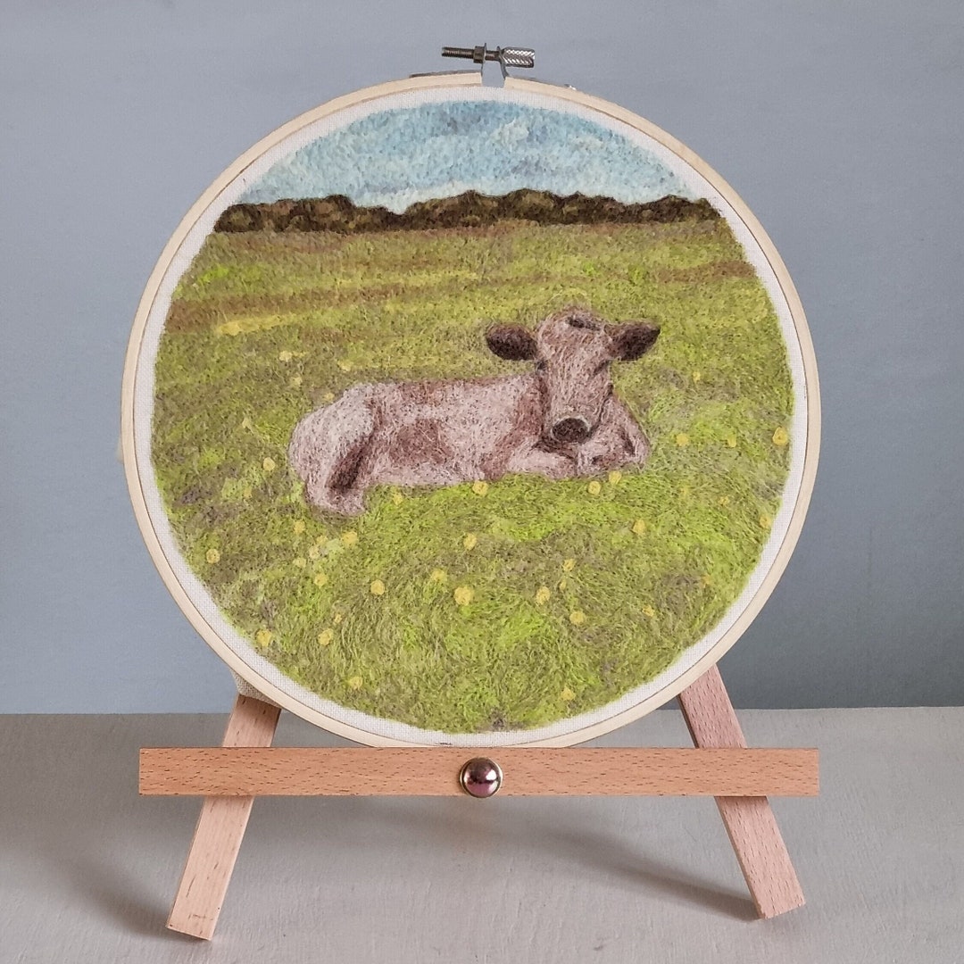 Sunbathing Cow - Needle Felted Embroidery - Rustic Landscape - Wool ...