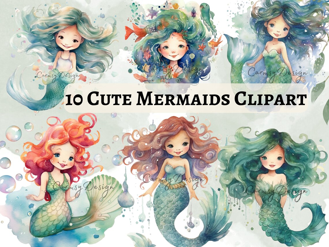Cute Little Mermaid Clipart,mermaid PNG, Mermaid Watercolor Clipart ...