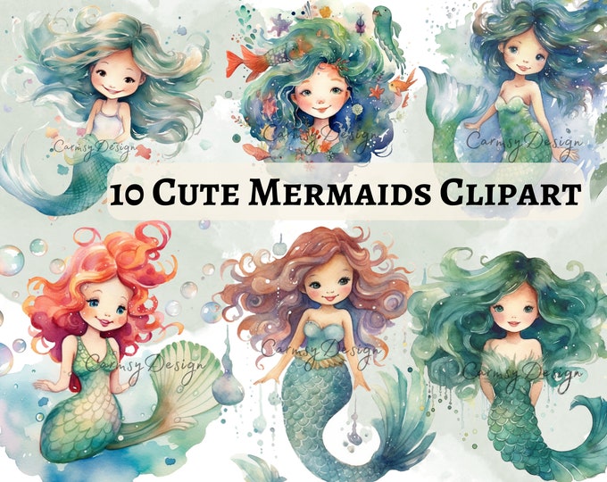 Adorable Little Mermaid Clipart, Watercolor Mermaid Illustration ...