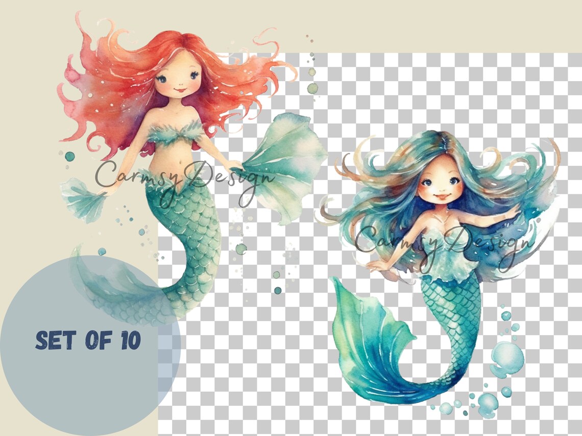 Cute Little Mermaid Clipart,mermaid PNG, Mermaid Watercolor Clipart ...