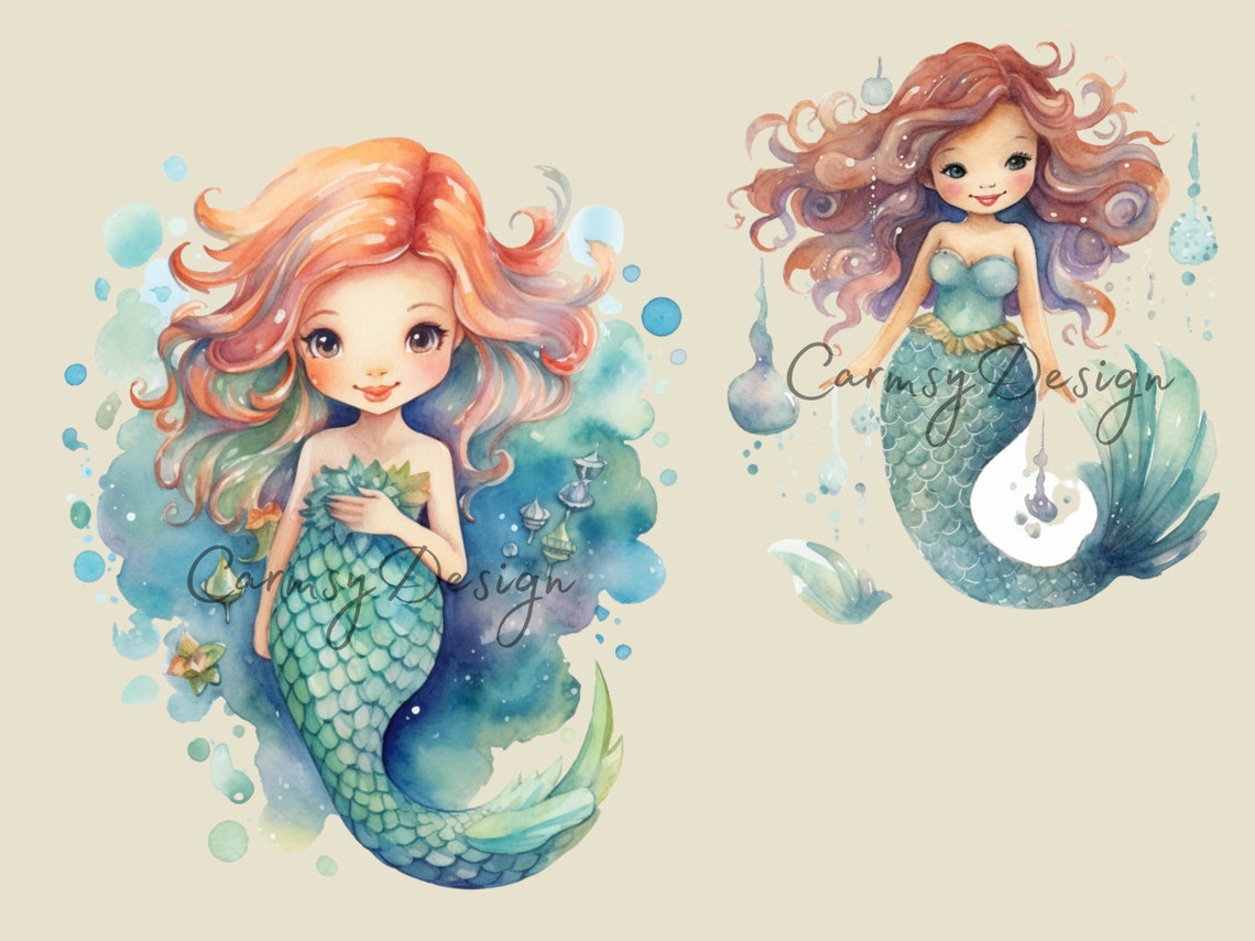 Cute Little Mermaid Clipart,mermaid PNG, Mermaid Watercolor Clipart ...