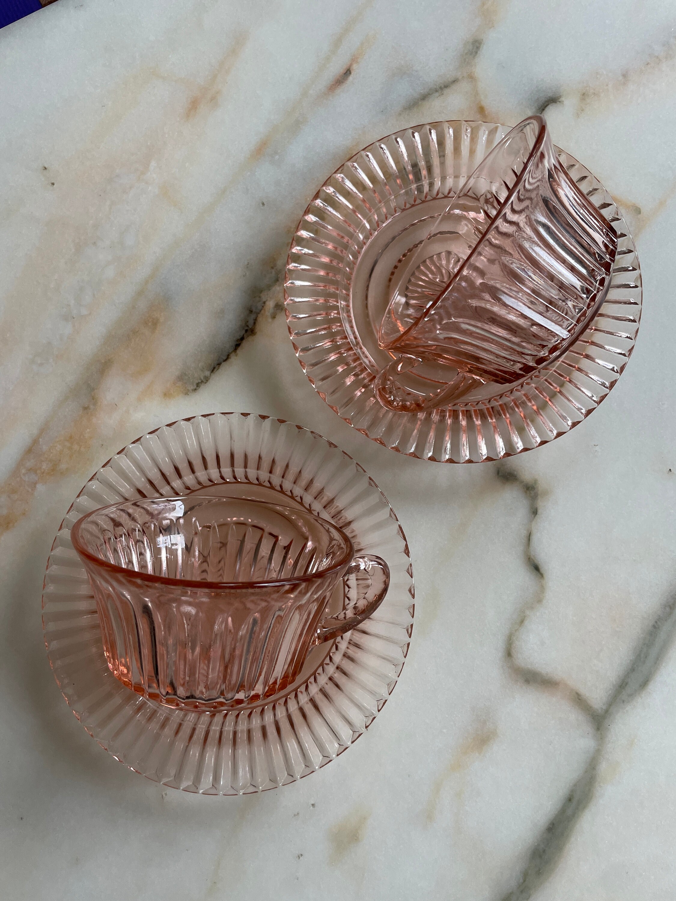 Art Deco 1930s Blush Fluted Pressed Glass Cup and Saucer Pair - Etsy