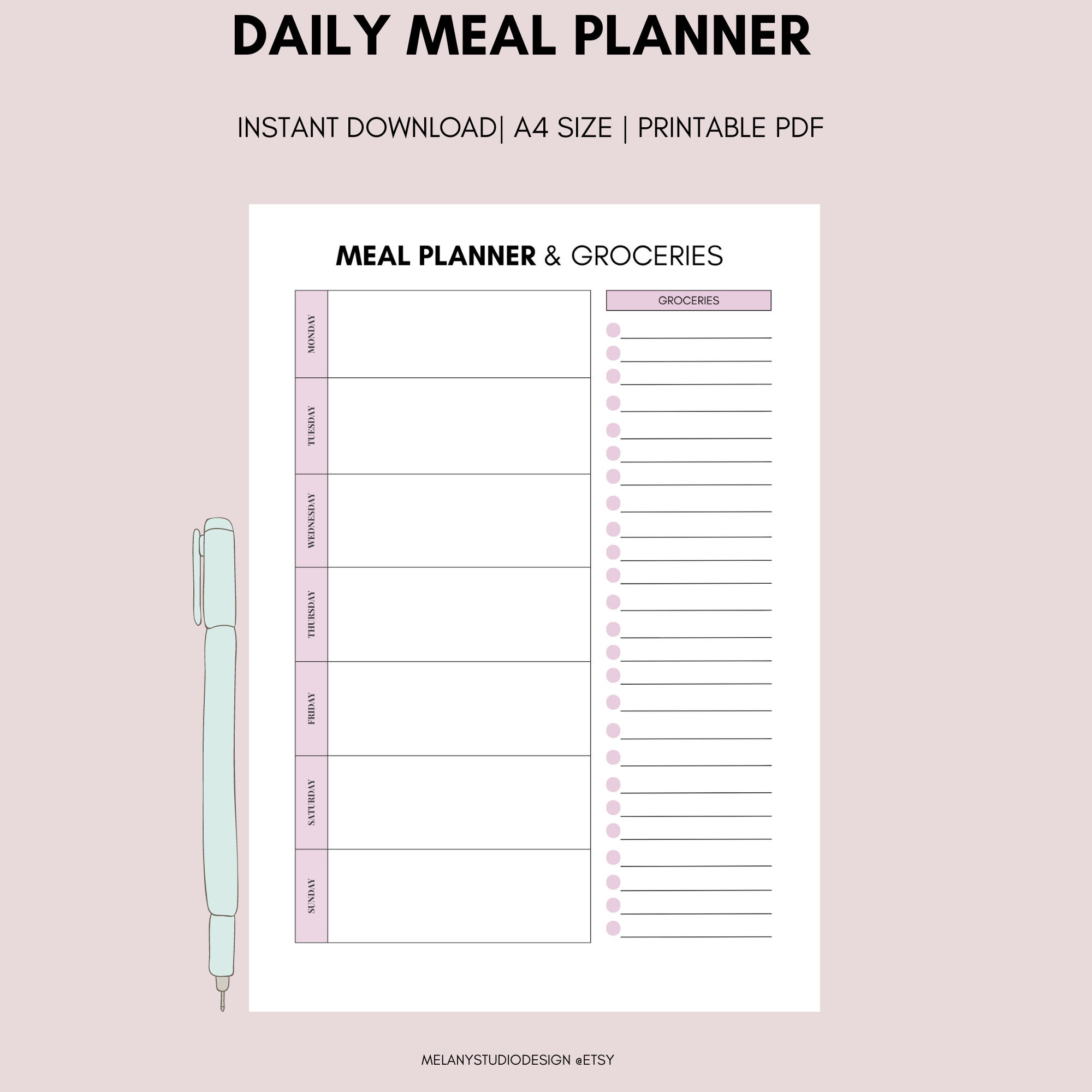 Daily Meal Planner Printable Pdf A4 Size Instant Download