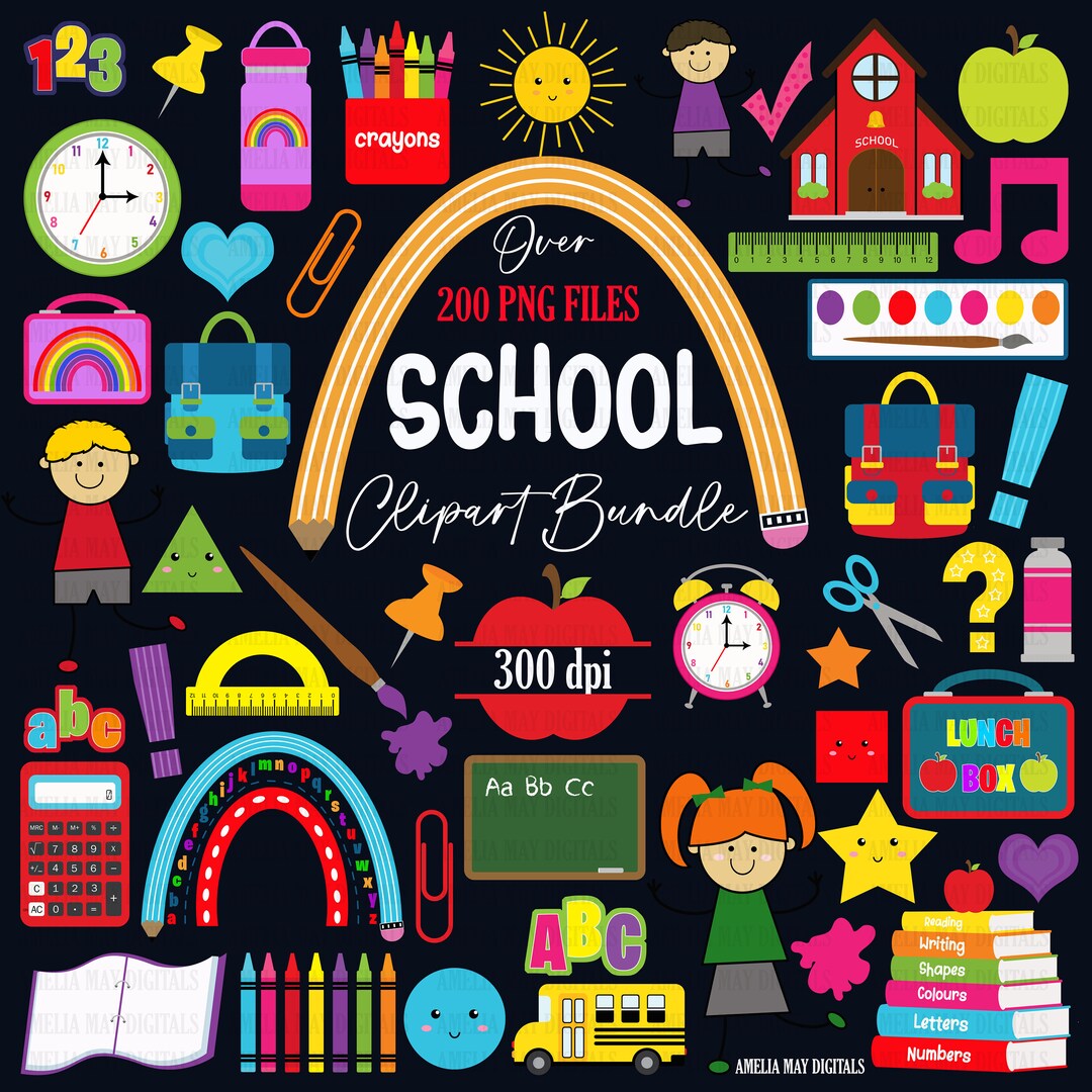 School Clipart Bundle Over 200 PNG Files 300 Dpi Back to School DIGITAL ...