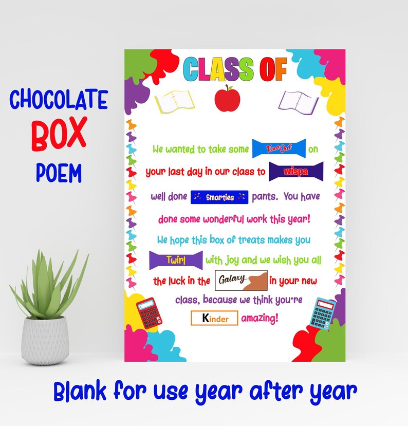 From Teacher to Pupils Chocolate Box Poem DIGITAL A4 Digital Download 8 ...