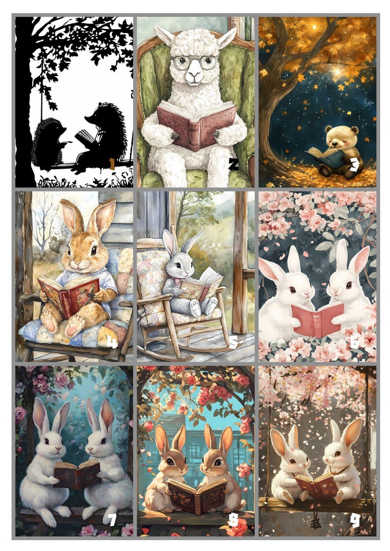 Reading Animals Print Bundle: Cozy Nursery, Library, Classroom Decor ...