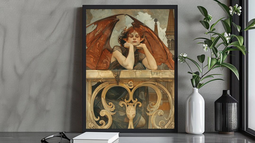 Gothic Red-winged Demon Girl Art Print, Enigmatic Fantasy Portrait on ...