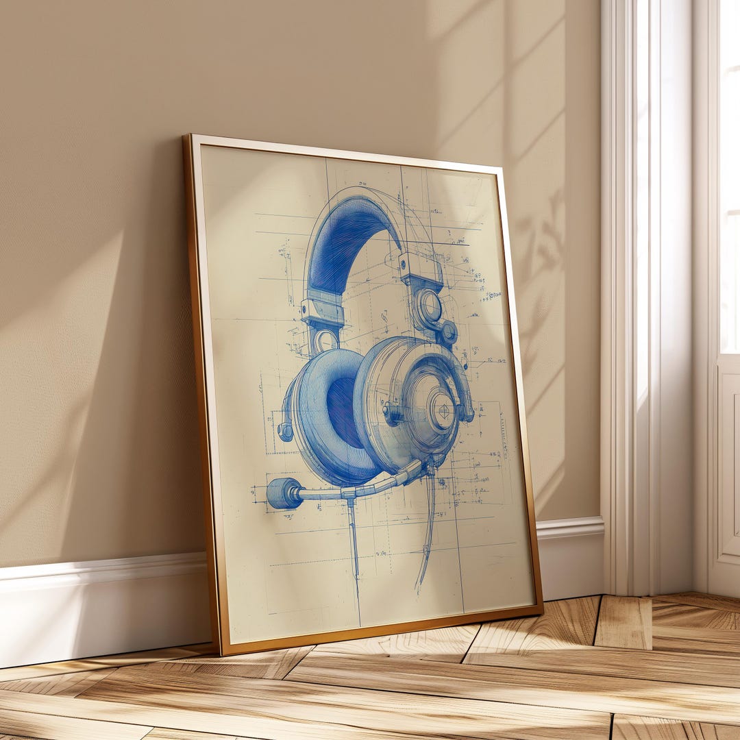 Gaming Headset Blueprint Wall Art - Gamer Room Tech Decor Digital ...