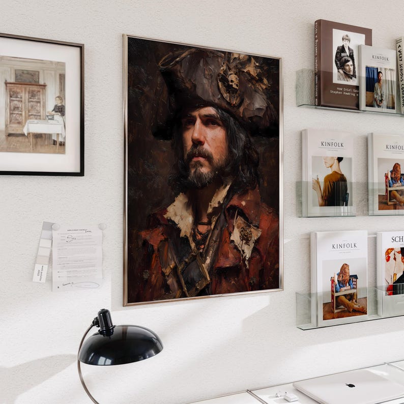 Pirate Captain Portrait Art, Dark Buccaneer Painting, Vintage Oil Style ...