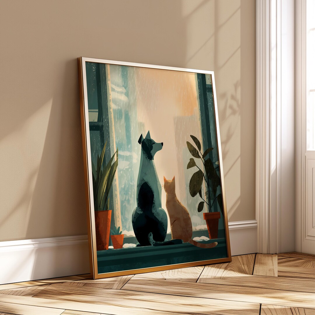 Cat Dog Rainy Window Art - Cozy Pet Wall Print Digital Animal ...