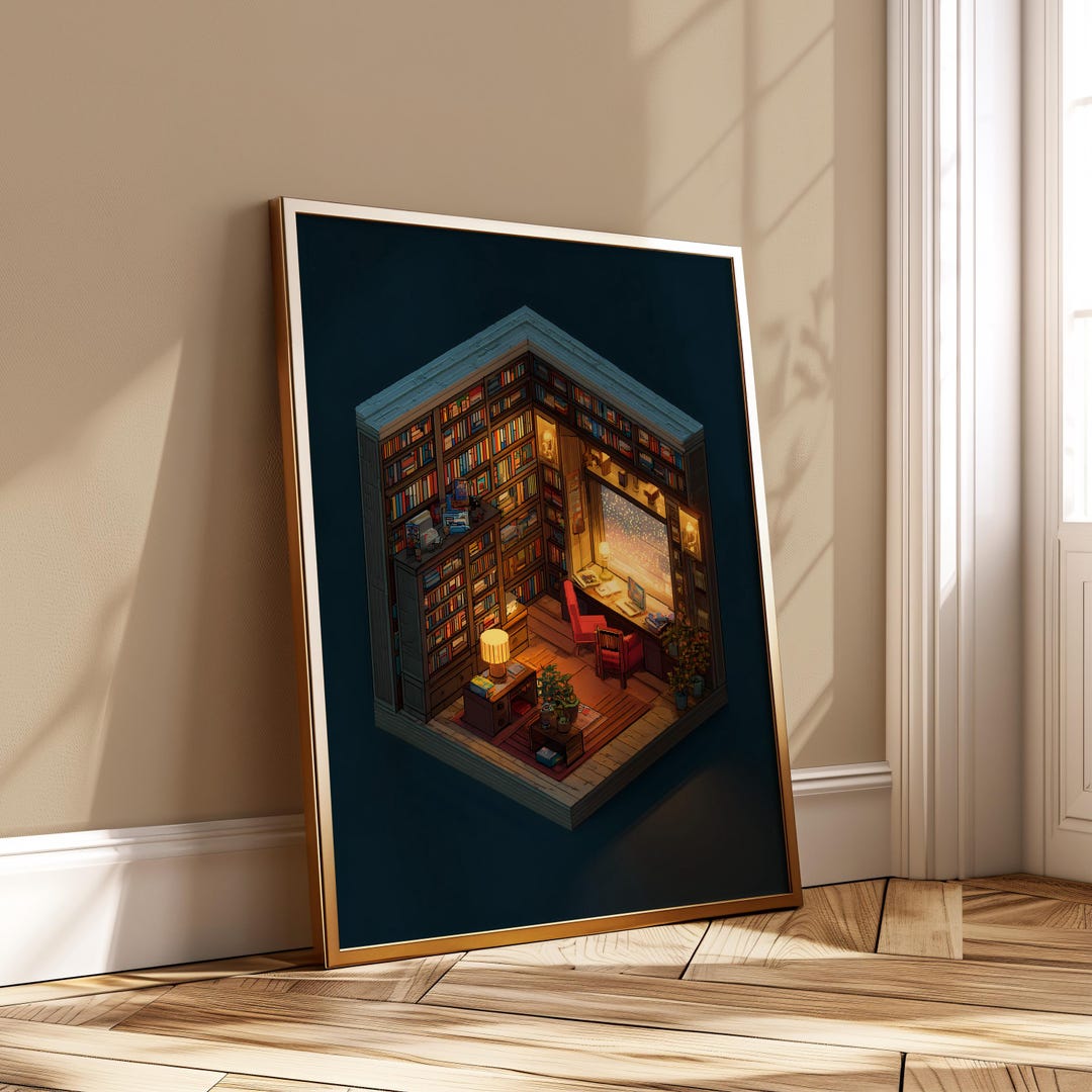 Cozy Library Room Wall Art Printable Isometric Reading Nook Poster Warm ...