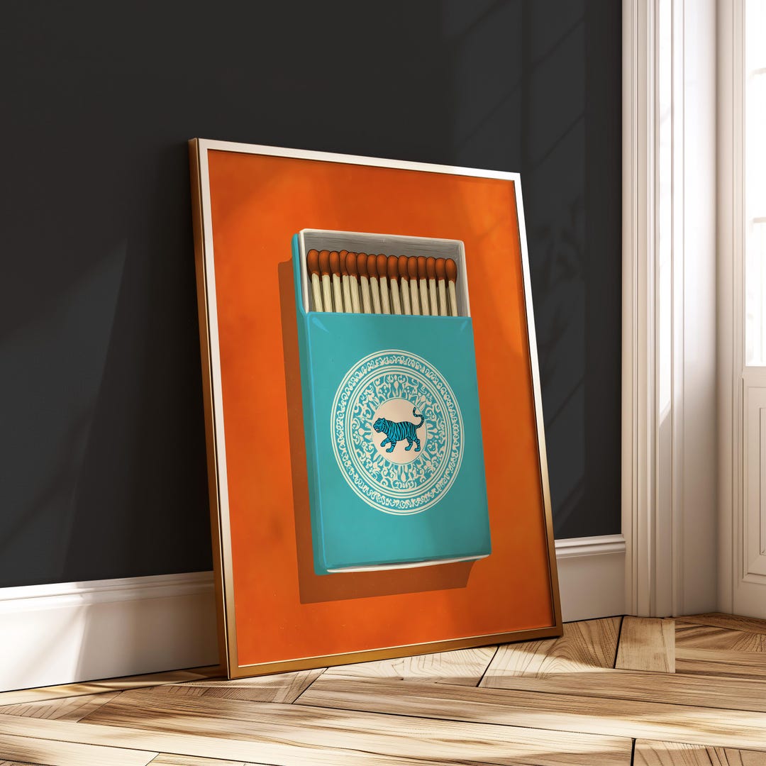 Tiger Matchbox Poster - Retro Wall Art Print - Orange Teal Digital ...