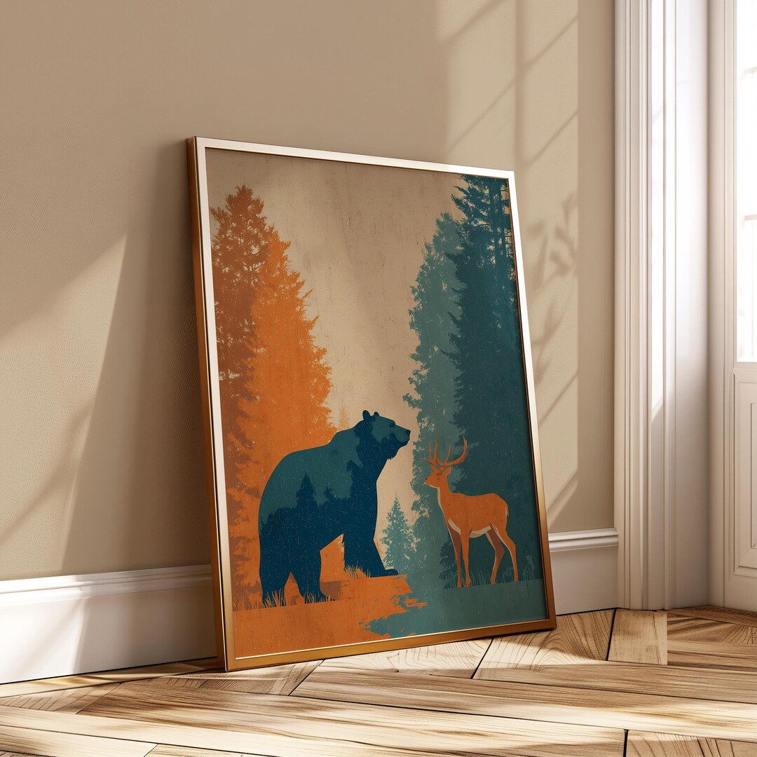 Retro Bear Deer National Park Silhouette Poster Vintage Forest Animal ...