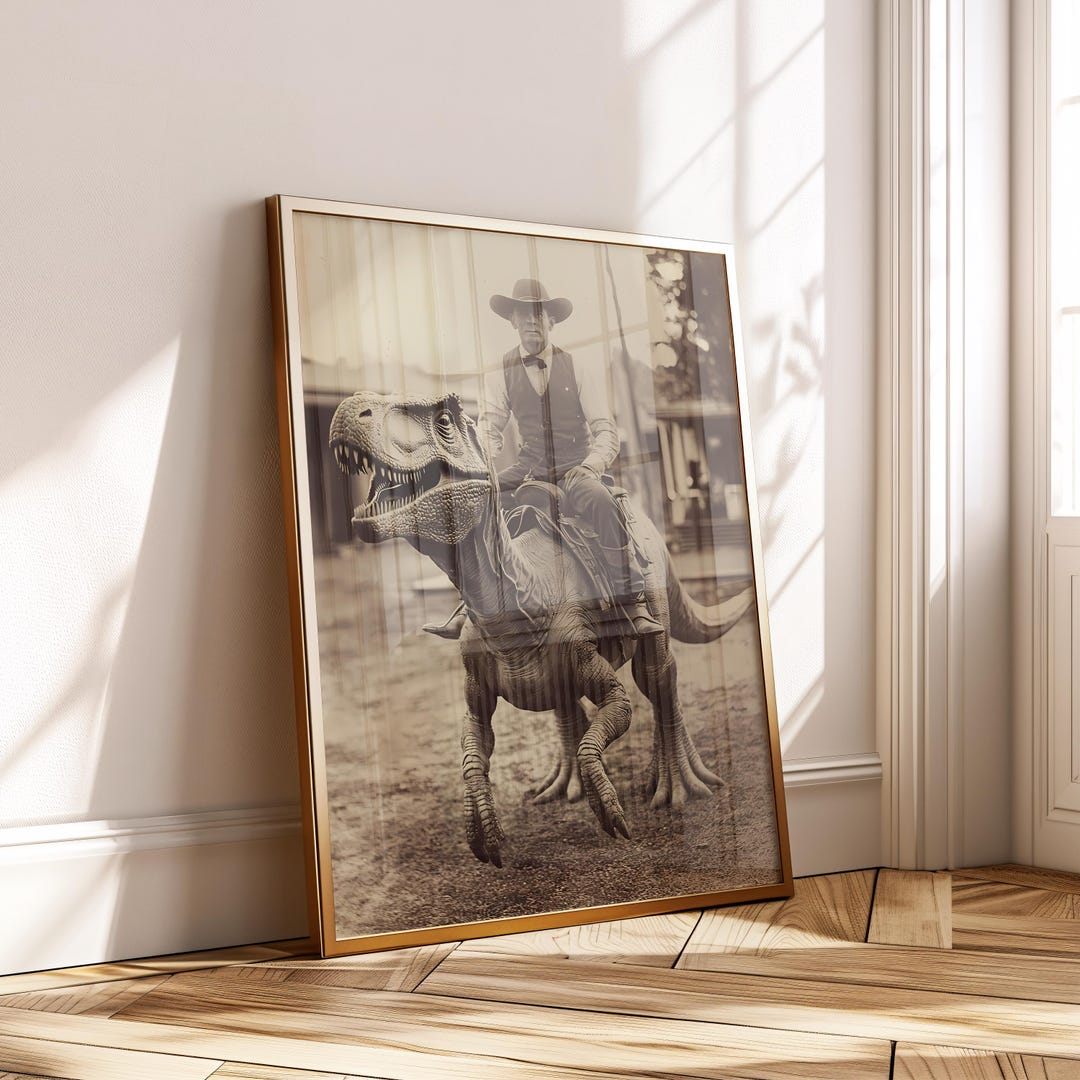 Dinosaur Cowboy Gothic Western Wall Art - Dark Academia Vintage Sepia ...