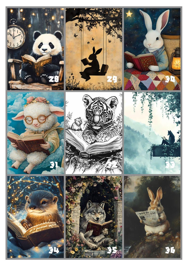 Reading Animals Print Bundle: Cozy Nursery, Library, Classroom Decor ...