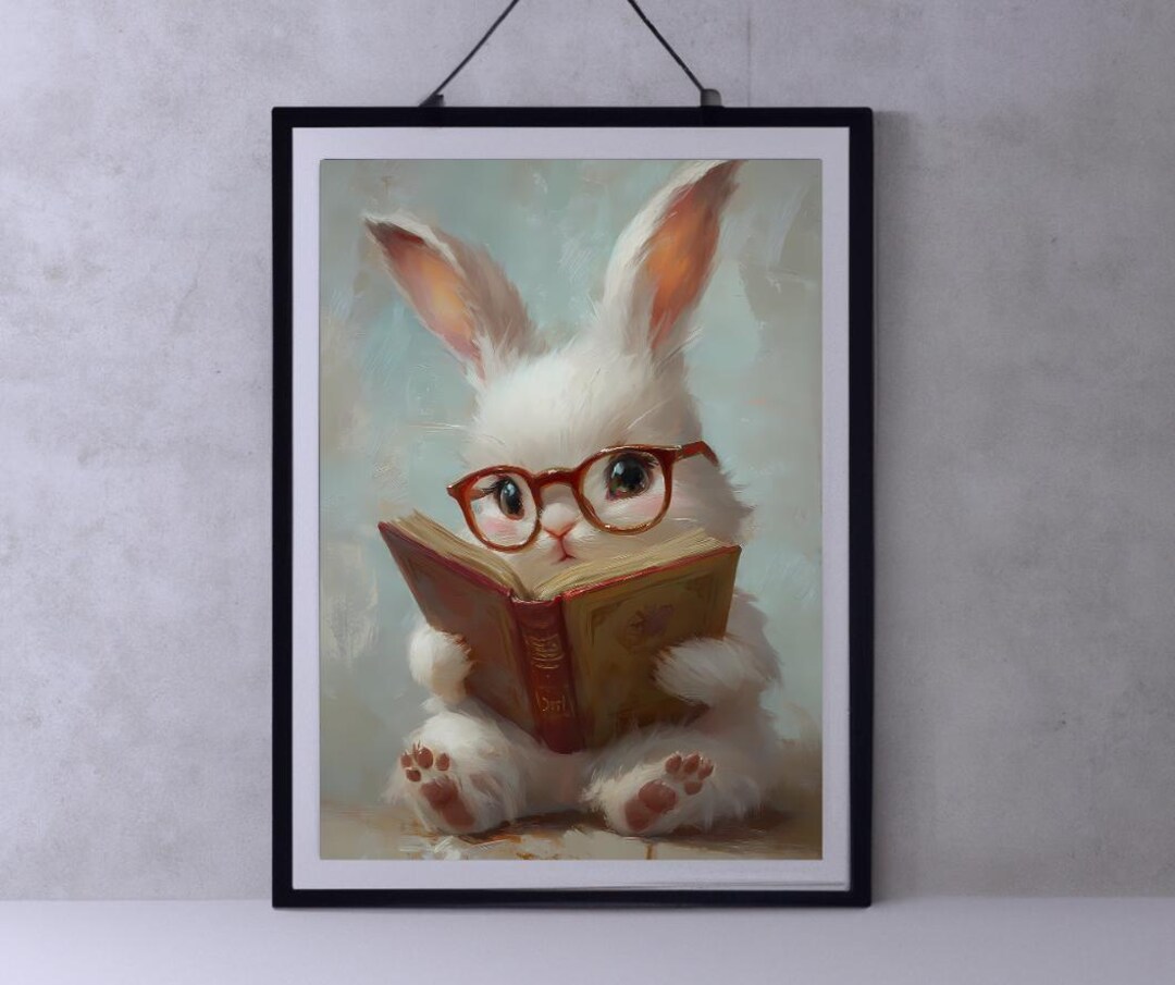 Cute Easter Bunny Reading Book Print Art, Tiny Rabbit Big Glasses ...
