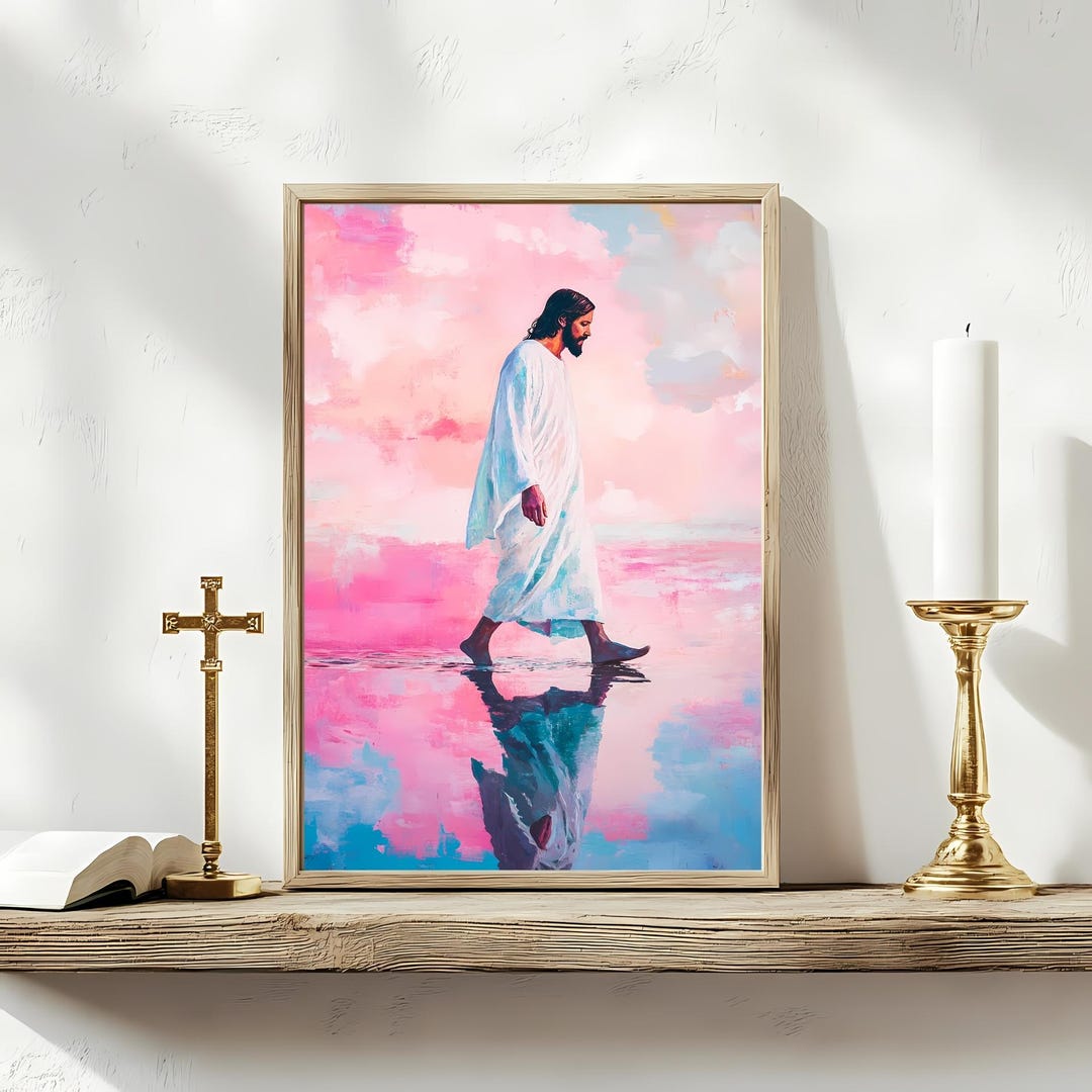 Modern Jesus Aesthetic Art | Pink Christian Wall Print | Walking on ...