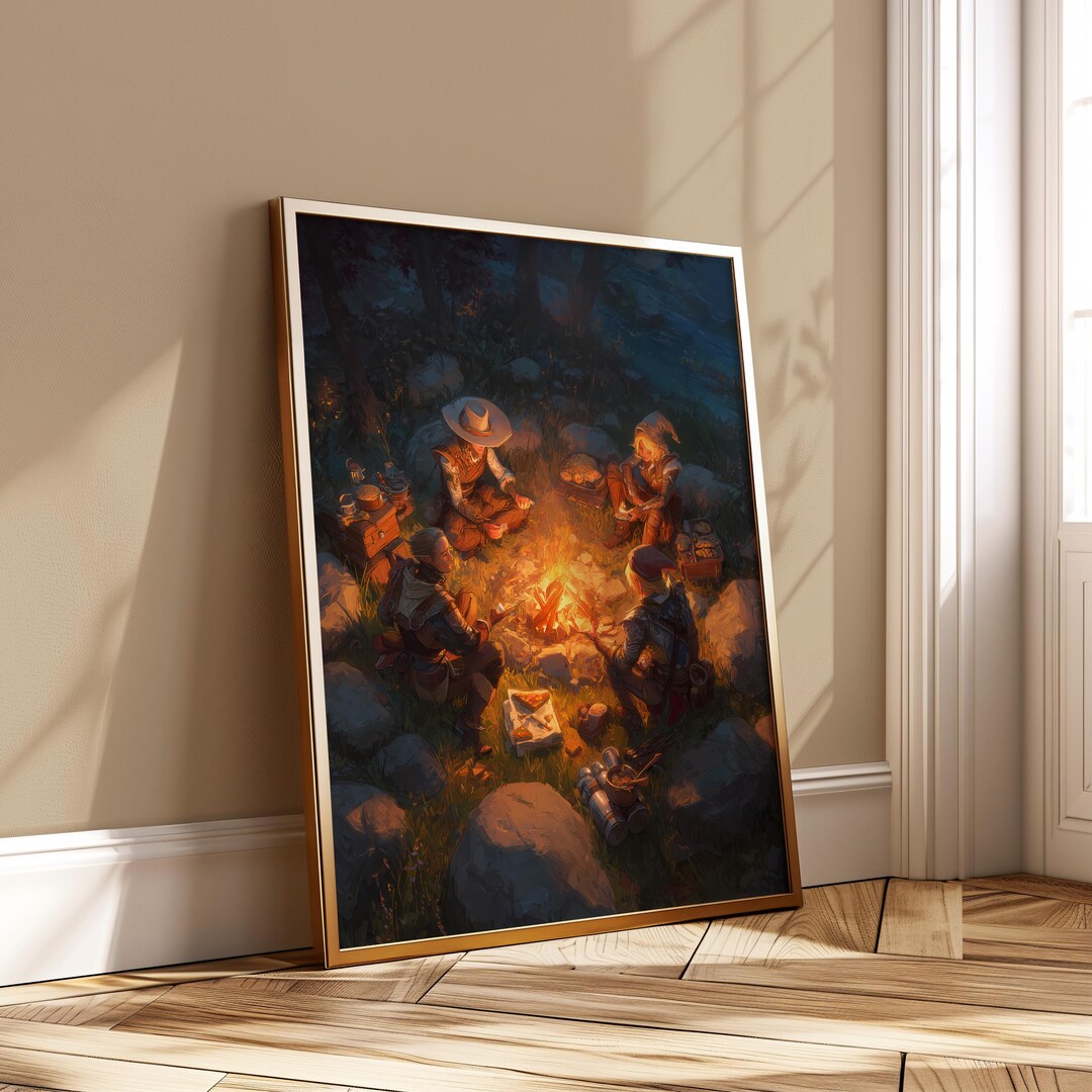Fantasy Campfire Gathering Art Print - Medieval Adventurers Cooking ...