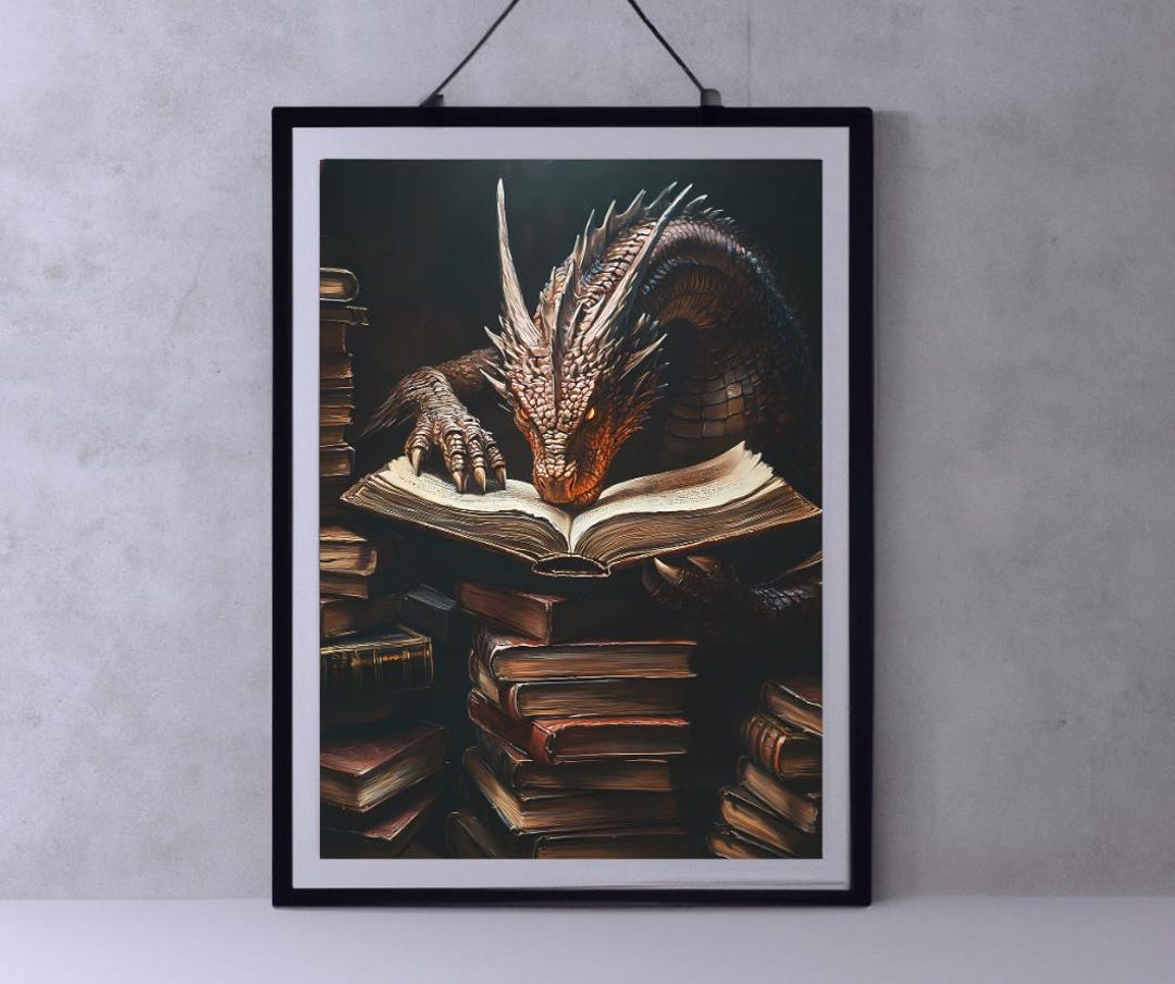 Fantasy Dragon Book Art Print Mythical Book Lover Wall Decor Digital ...