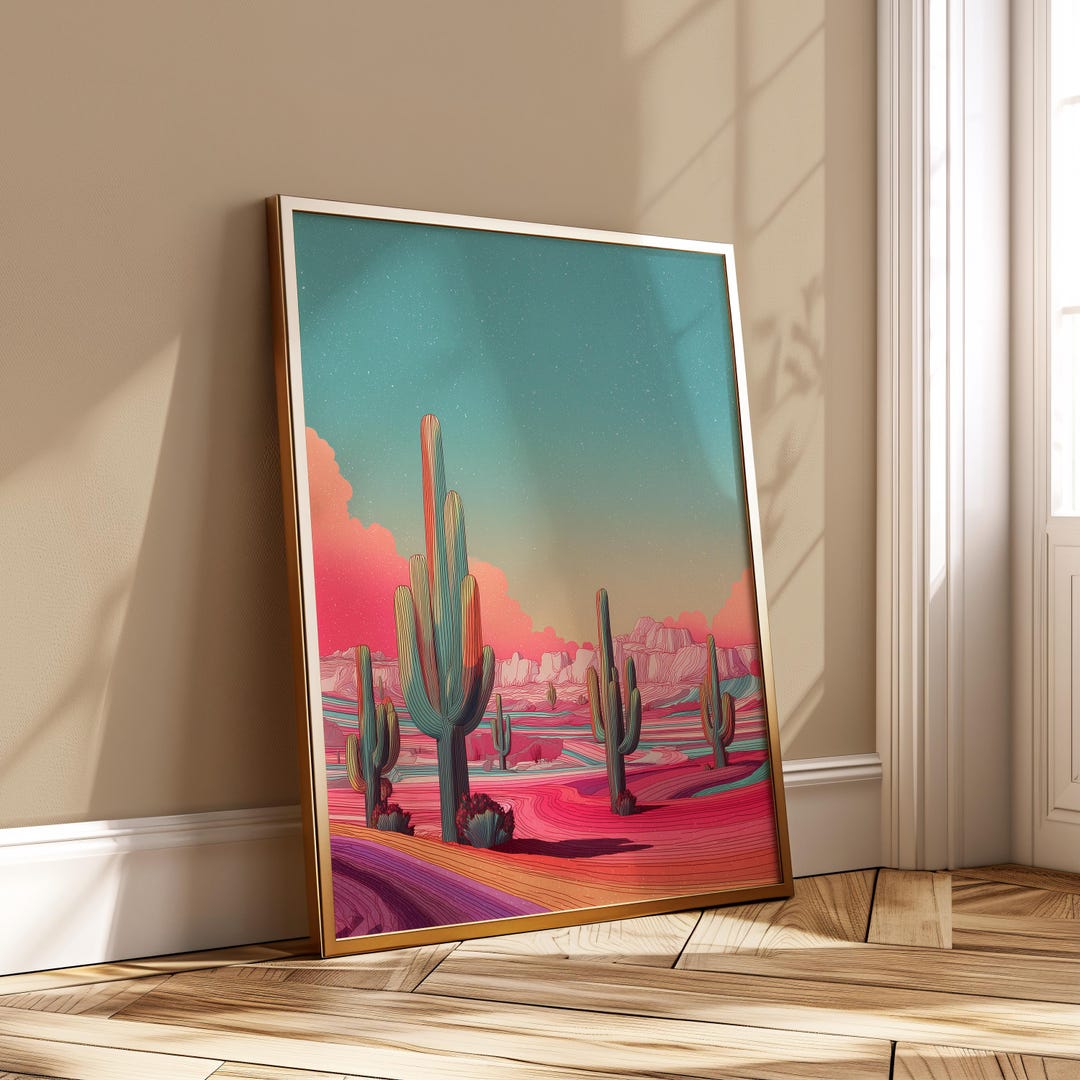 Desert Cactus Wall Art Printable Pink Landscape Poster, Retro Southwest ...