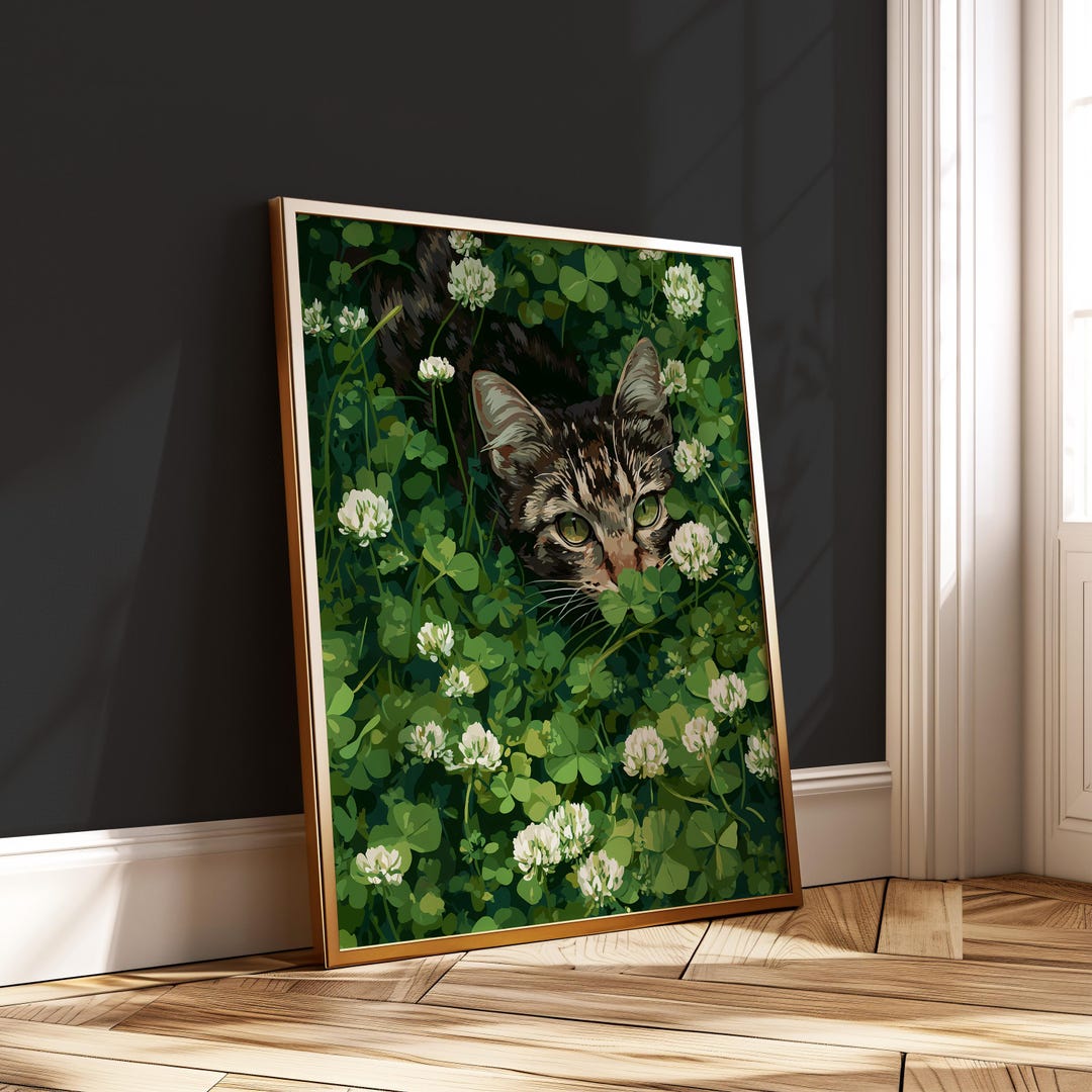Lucky Tabby Cat Clover Field Print Digital Download Botanical Animal ...