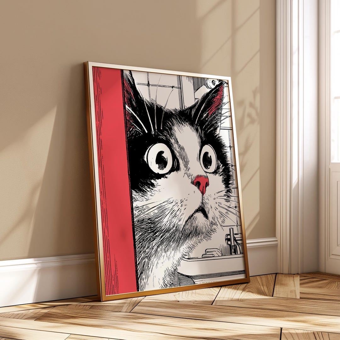 Scared Cat Comic Print – Funny Manga Style Wall Art – Red and Black ...