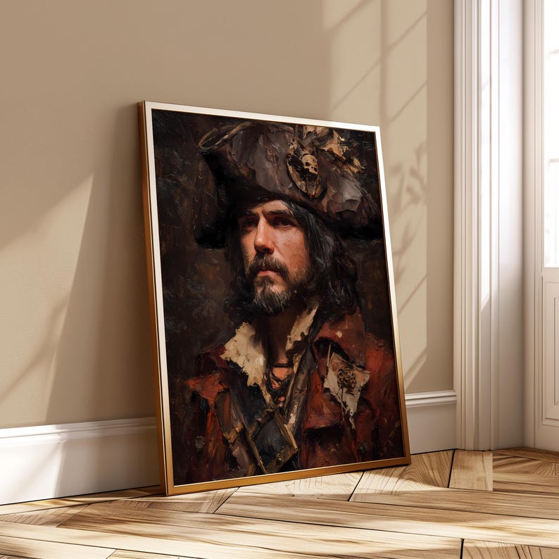 Pirate Captain Portrait Art, Dark Buccaneer Painting, Vintage Oil Style ...