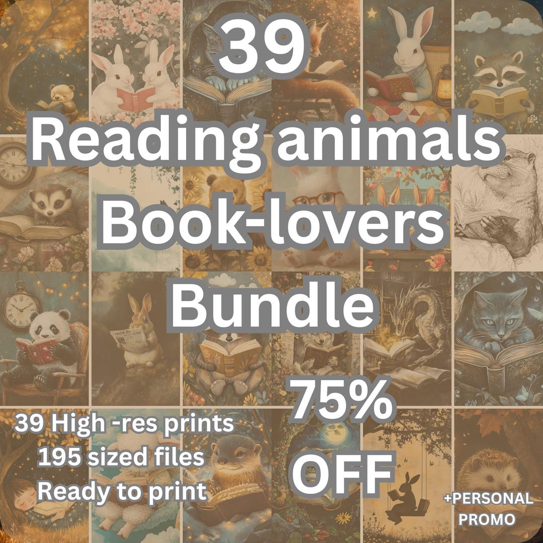 Reading Animals Print Bundle: Cozy Nursery, Library, Classroom Decor ...