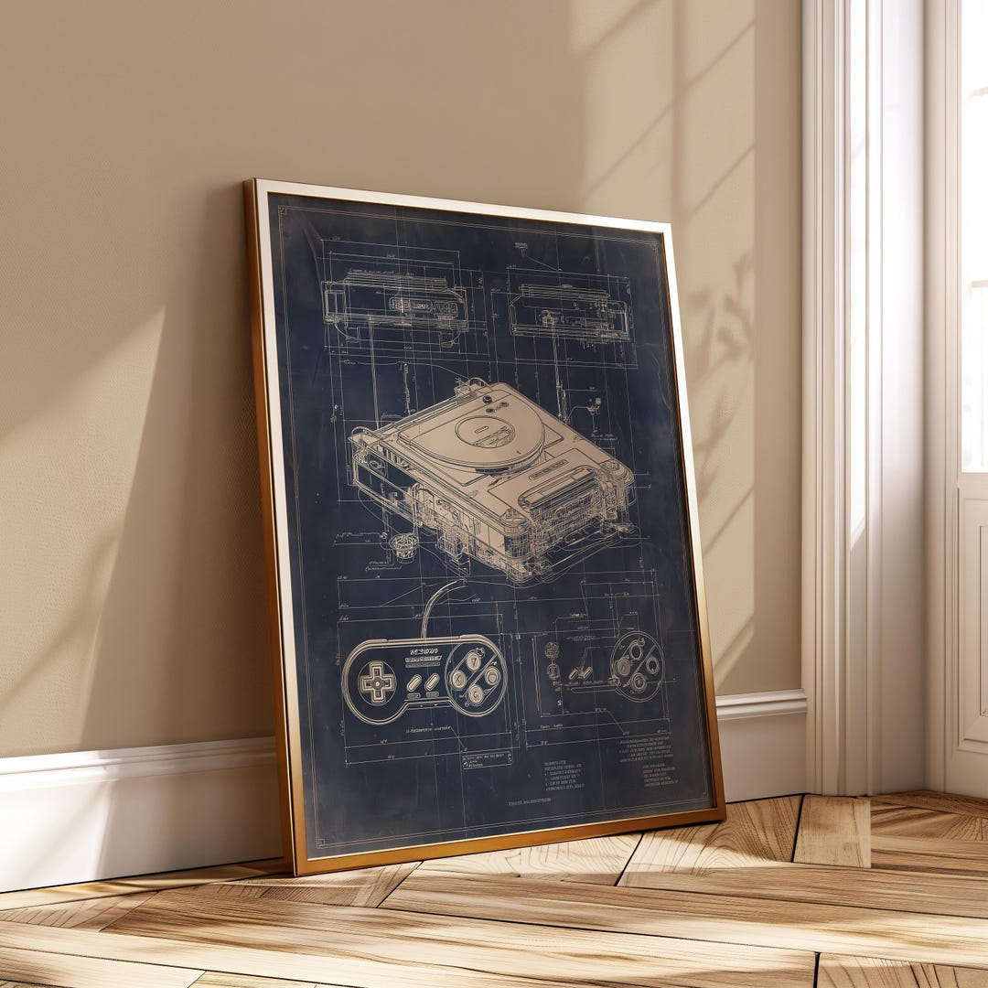 Retro Game Console Blueprint – Printable Gaming Wall Art – Digital SNES ...