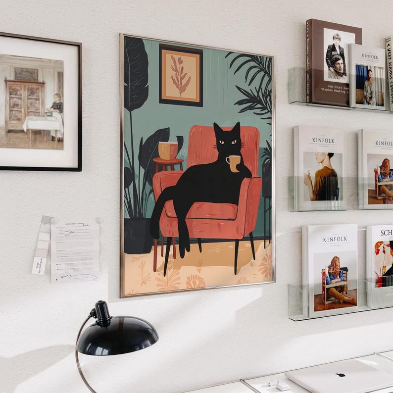 Cozy Black Cat Coffee Wall Art - Minimalist Digital Print Poster - Warm ...