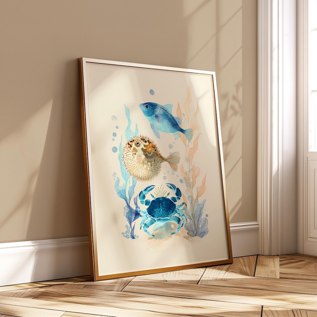 Sea Life Digital Print - Ocean Animal Poster Crab Puffer Fish - Coastal ...
