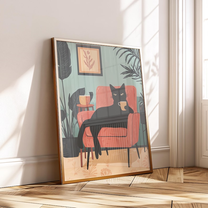 Cozy Black Cat Coffee Wall Art - Minimalist Digital Print Poster - Warm ...