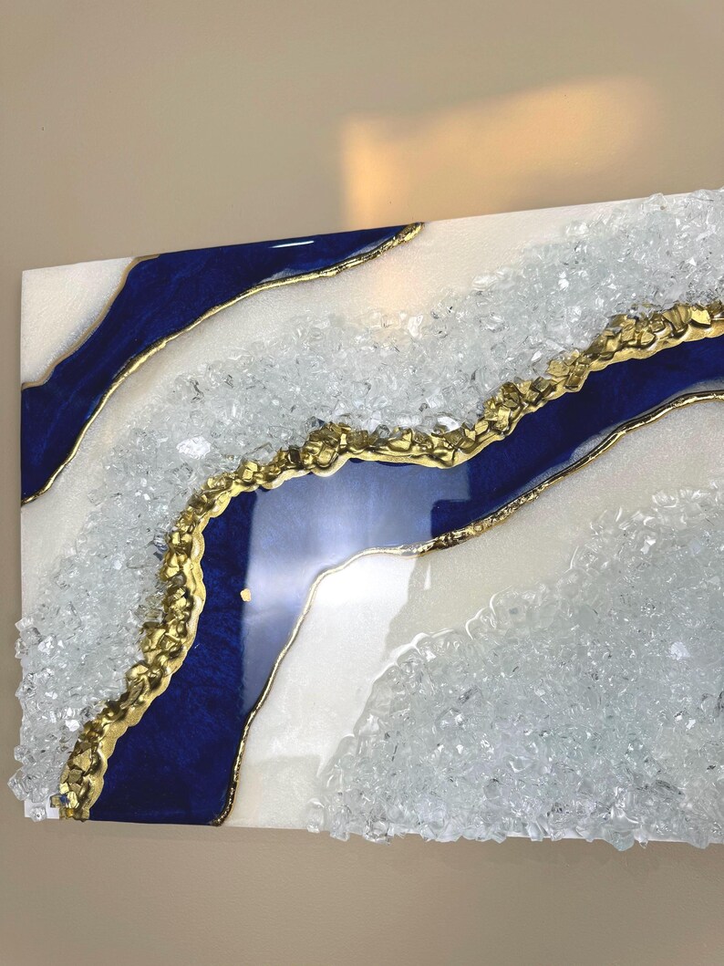 30x12 White and Blue Geode Inspired Resin Artwork With Real Crystals - Etsy
