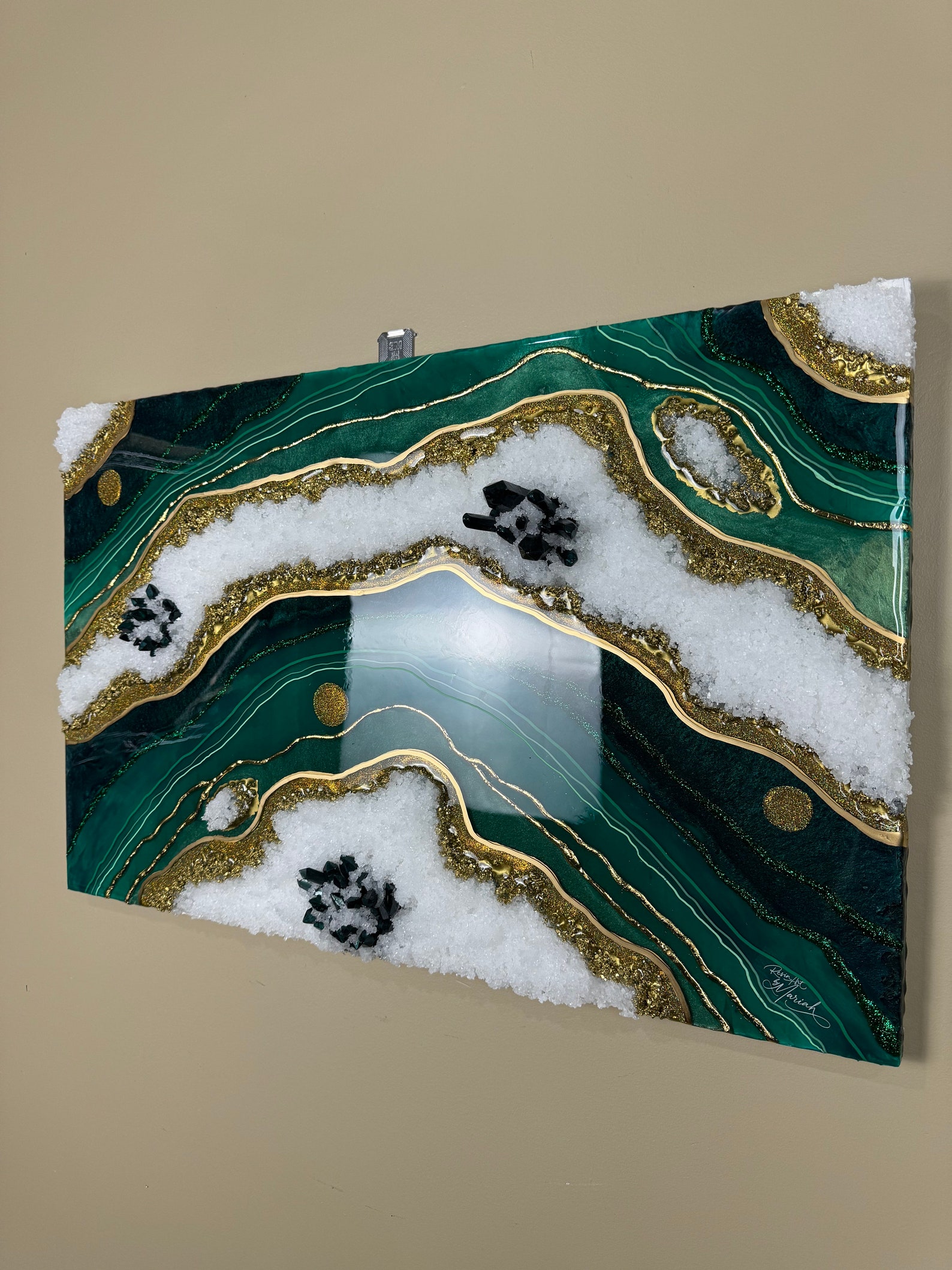 Green Resin Artwork With Handmade Druzy Texture and Gold - Etsy