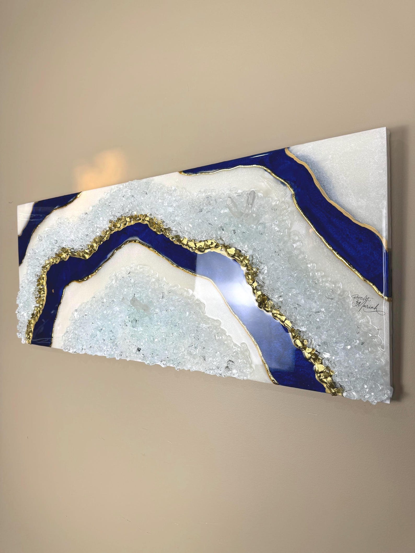30x12 White and Blue Geode Inspired Resin Artwork With Real Crystals - Etsy