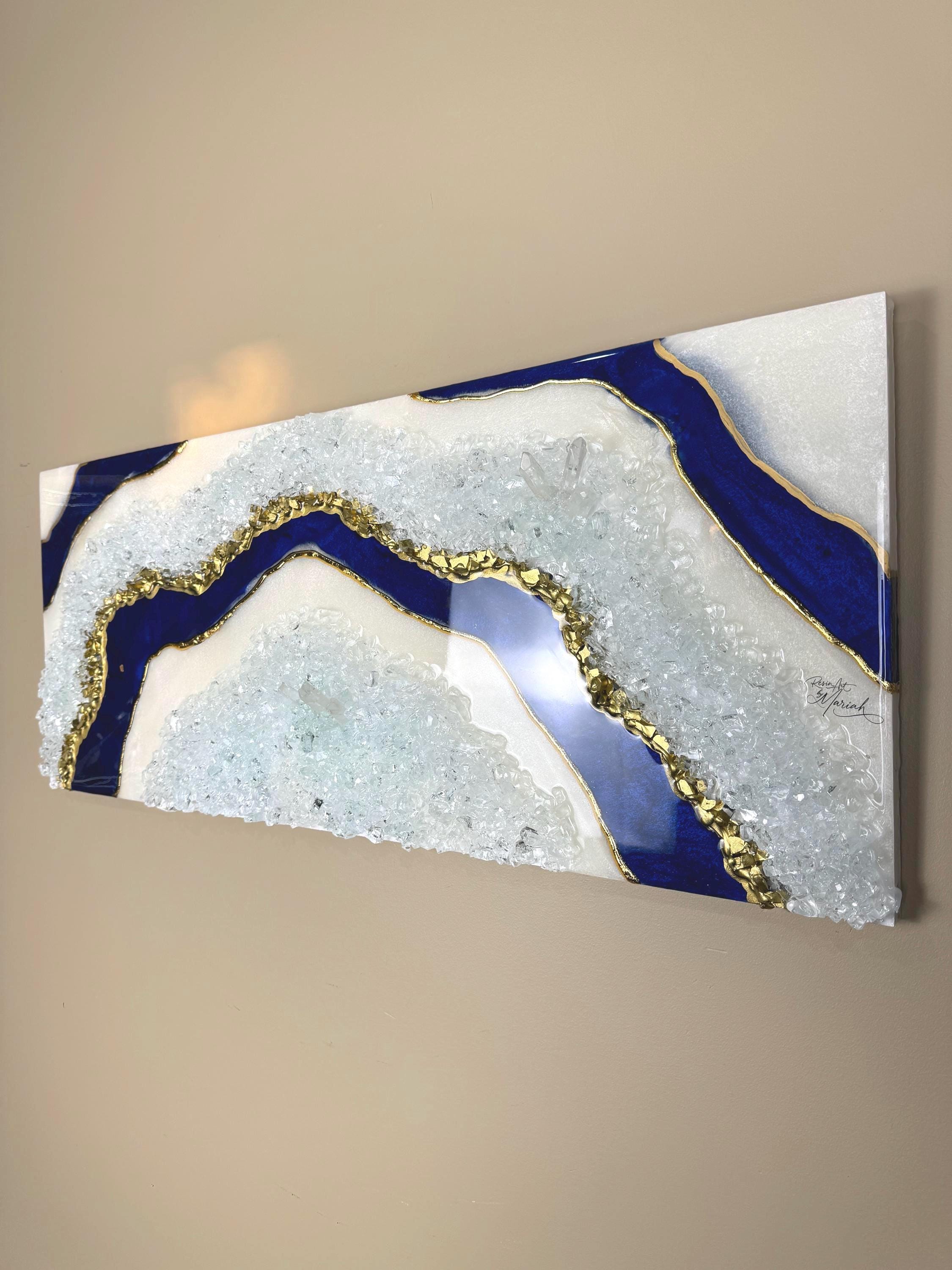 30x12 White and Blue Geode Inspired Resin Artwork With Real Crystals - Etsy